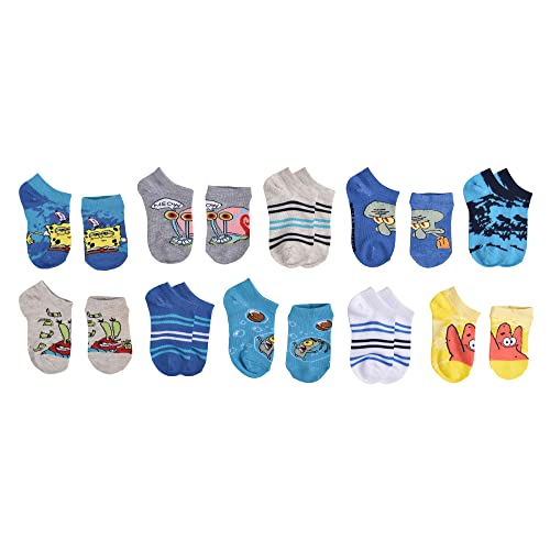 Spongebob Boys 10-Pack Tie Dye No Show Socks, Blue, 6-8 Years