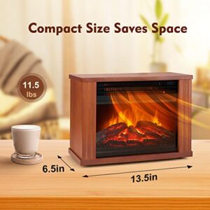 Small Electric Fireplace Heater, LifePlus Mini Wooden Space Tabletop Fireplace with 3D Realistic Flame Effect, Cool and Safe to Touch, Perfect for Study Bedroom Office, Overheating Protection, 1500W