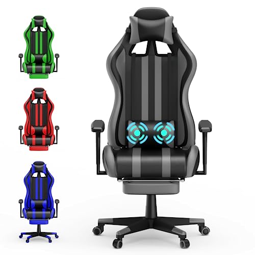 Soontrans Grey Gaming Chair with Footrest,Racing Ergonomic Massage Gaming Chairs for Adults Work in Office,Height Adjustable Gamer Chair,360° Swivel PC Computer Chair,Reclining Silla Gamer