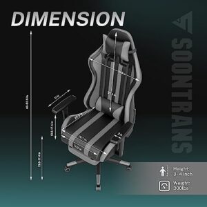 Soontrans Grey Gaming Chair with Footrest,Racing Ergonomic Massage Gaming Chairs for Adults Work in Office,Height Adjustable Gamer Chair,360° Swivel PC Computer Chair,Reclining Silla Gamer