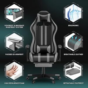 Soontrans Grey Gaming Chair with Footrest,Racing Ergonomic Massage Gaming Chairs for Adults Work in Office,Height Adjustable Gamer Chair,360° Swivel PC Computer Chair,Reclining Silla Gamer