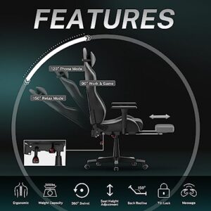 Soontrans Grey Gaming Chair with Footrest,Racing Ergonomic Massage Gaming Chairs for Adults Work in Office,Height Adjustable Gamer Chair,360° Swivel PC Computer Chair,Reclining Silla Gamer