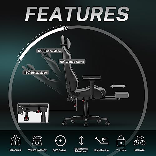 Soontrans Grey Gaming Chair with Footrest,Racing Ergonomic Massage Gaming Chairs for Adults Work in Office,Height Adjustable Gamer Chair,360° Swivel PC Computer Chair,Reclining Silla Gamer