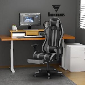 Soontrans Grey Gaming Chair with Footrest,Racing Ergonomic Massage Gaming Chairs for Adults Work in Office,Height Adjustable Gamer Chair,360° Swivel PC Computer Chair,Reclining Silla Gamer