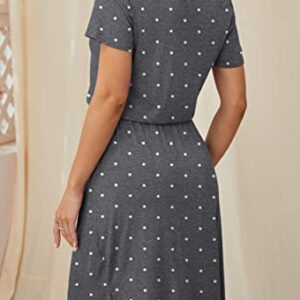 Women Summer Sleeve Pocket Modest Work Casual Midi Knee Dress Polka Dot Gray L