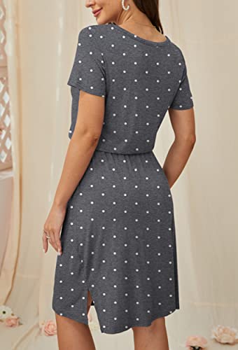 Women Summer Sleeve Pocket Modest Work Casual Midi Knee Dress Polka Dot Gray L