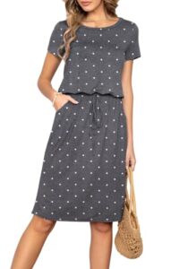 women summer sleeve pocket modest work casual midi knee dress polka dot gray l