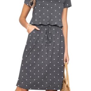 Women Summer Sleeve Pocket Modest Work Casual Midi Knee Dress Polka Dot Gray L