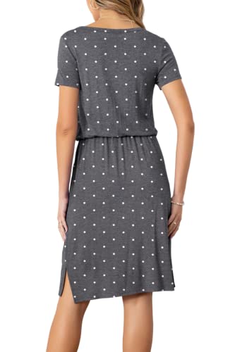 Women Summer Sleeve Pocket Modest Work Casual Midi Knee Dress Polka Dot Gray L