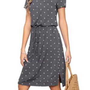 Women Summer Sleeve Pocket Modest Work Casual Midi Knee Dress Polka Dot Gray L