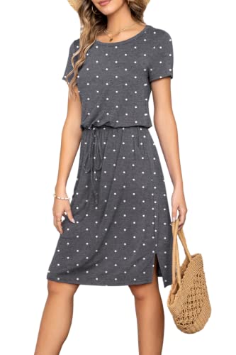 Women Summer Sleeve Pocket Modest Work Casual Midi Knee Dress Polka Dot Gray L