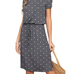 Women Summer Sleeve Pocket Modest Work Casual Midi Knee Dress Polka Dot Gray L