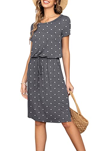 Women Summer Sleeve Pocket Modest Work Casual Midi Knee Dress Polka Dot Gray L