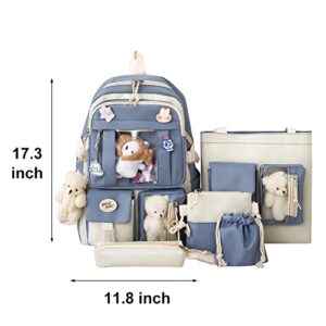 AONUOWE Kawaii Backpack with Cute Pins and Pendants 5Pcs Set Preppy Rucksack for Teen Girls School Bag Aesthetic Backpack (Blue)