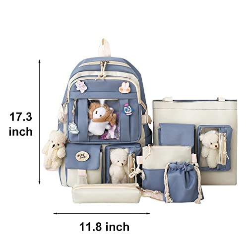 AONUOWE Kawaii Backpack with Cute Pins and Pendants 5Pcs Set Preppy Rucksack for Teen Girls School Bag Aesthetic Backpack (Blue)