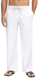 boisouey mens linen loose pant lightweight elastic waist trouser yoga beach pant white l