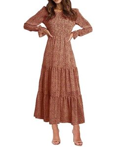 btfbm women casual long sleeve crew neck fall dress bohemian relaxed fit floral flowy maxi dresses tiered cocktail dress（floral brown, small