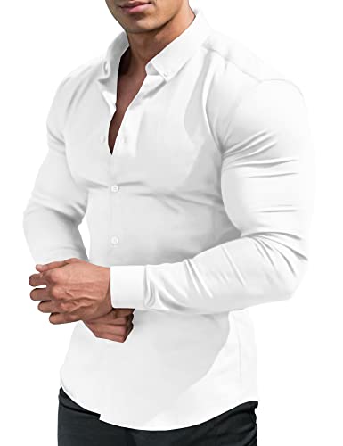 URRU Men's Muscle Dress Shirts Slim Fit Stretch Long Sleeve Casual Button Down Shirt White S