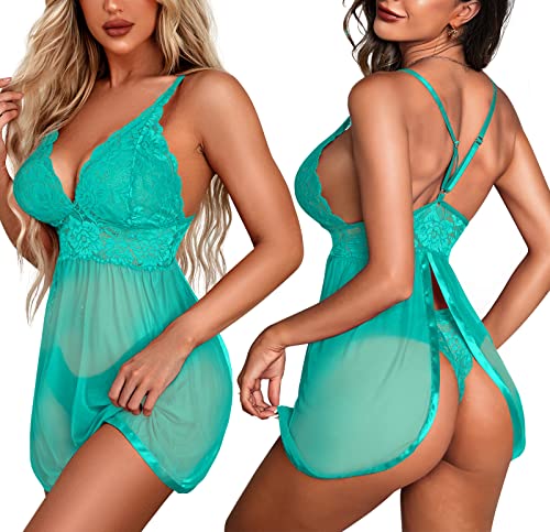 Thisrose Lingerie for Women for Sexy Naughty Baby Doll Set V Neck Nightgown Bridal lingerie Green-M