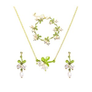 yomlry flower leaf jewelry sets for women green pearl necklace and earring sets lily of the valley dangle earrings green prom jewelry for women girls lily of the valley1