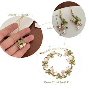 yomlry Flower Leaf Jewelry Sets for Women Green Pearl Necklace and Earring Sets Lily of the Valley Dangle Earrings Green Prom Jewelry for Women Girls lily of the valley1