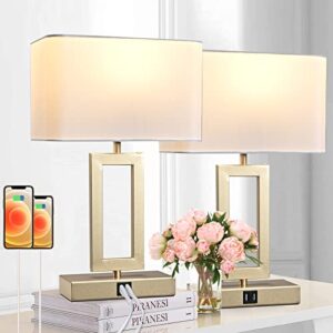 set of 2 table lamps with dual usb ports,touch control for bedside and nightstand in bedroom, 3-way dimmable modern for desk, living room, office, led bulbs included, gold&white