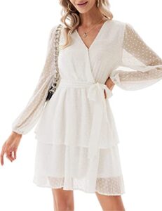 grace karin women's chiffon wrap v neck fringe sleeve swiss dot dress elastic high waist wedding guest dress with belt white l