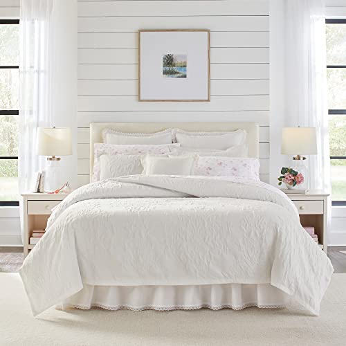 Laura Ashley Home- Queen Duvet Cover Set, Cotton Reversible Bedding with Matching Sham(s), Farmhouse Home Décor (Rowland Matelasse White, Queen)