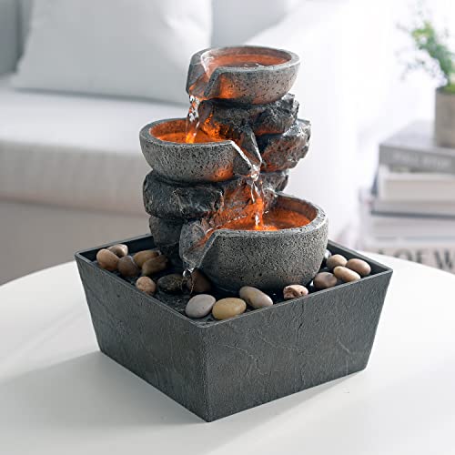 Haobos Decorative Indoor Fountain 3-Bowl Rockery Soothing Sound Tabletop Fountains Home/Office Decor with Led Light/Some Cobblestones(1556A)