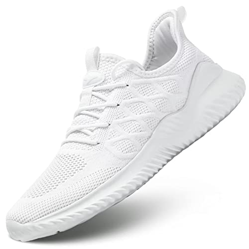 Kvovzo Men's Slip-on Running Shoes Comfort Light Breathable Walking Tennis Sneakers Non Slip Mesh Work Casual Sports Shoes White