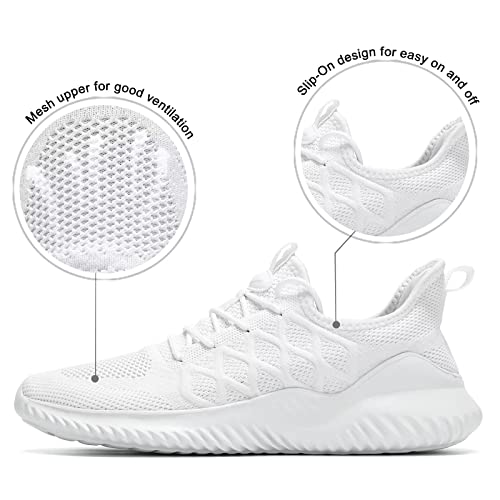 Kvovzo Men's Slip-on Running Shoes Comfort Light Breathable Walking Tennis Sneakers Non Slip Mesh Work Casual Sports Shoes White