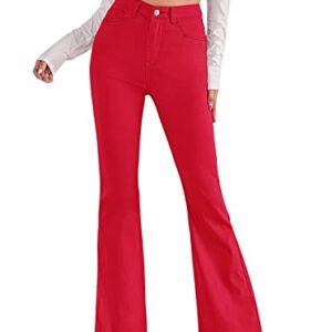 SweatyRocks Women's Casual Denim Pants Heart Print High Waist Stretchy Bell Bottom Flared Jeans Solid Red L