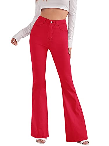 SweatyRocks Women's Casual Denim Pants Heart Print High Waist Stretchy Bell Bottom Flared Jeans Solid Red L