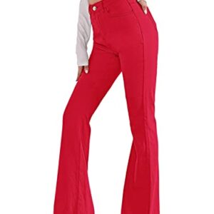 SweatyRocks Women's Casual Denim Pants Heart Print High Waist Stretchy Bell Bottom Flared Jeans Solid Red L