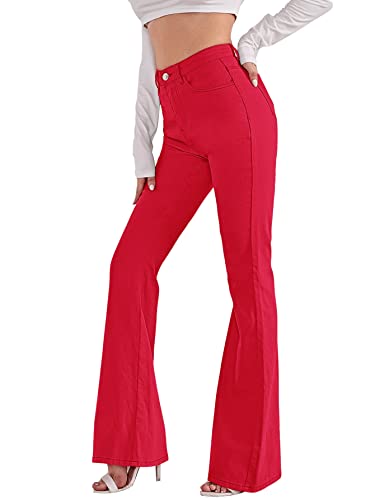 SweatyRocks Women's Casual Denim Pants Heart Print High Waist Stretchy Bell Bottom Flared Jeans Solid Red L