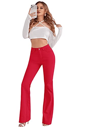 SweatyRocks Women's Casual Denim Pants Heart Print High Waist Stretchy Bell Bottom Flared Jeans Solid Red L