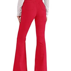 SweatyRocks Women's Casual Denim Pants Heart Print High Waist Stretchy Bell Bottom Flared Jeans Solid Red L