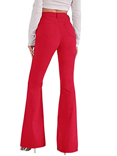 SweatyRocks Women's Casual Denim Pants Heart Print High Waist Stretchy Bell Bottom Flared Jeans Solid Red L