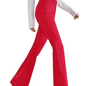 SweatyRocks Women's Casual Denim Pants Heart Print High Waist Stretchy Bell Bottom Flared Jeans Solid Red L