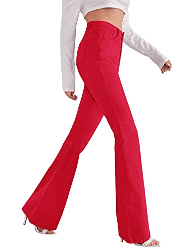 SweatyRocks Women's Casual Denim Pants Heart Print High Waist Stretchy Bell Bottom Flared Jeans Solid Red L