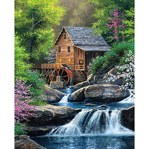 Forest Hut Surrounded by Flowers and Trees Waterfall Paint by Number On Canvas with Brushes Acrylic Paints Perfect for Paint by Numbers for Adults and Kids Students Beginner with DIY frame 16x20 Inch