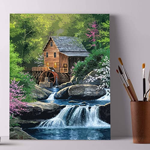 Forest Hut Surrounded by Flowers and Trees Waterfall Paint by Number On Canvas with Brushes Acrylic Paints Perfect for Paint by Numbers for Adults and Kids Students Beginner with DIY frame 16x20 Inch