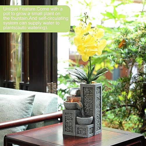 Kalona Décor Relaxation Indoor Fountain Exquisite 3-Bowl Fountains Soothing Sound Tabletop Fountains Home/Office Decor with a Small Plastic Pot to Grow The Plant by Yourself(Automatic Watering)(22024)