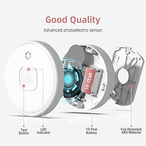 Putogesafe Smoke Detector, 10-Year Smoke Alarm with Photoelectric Sensor and Built-in 3V Lithum Battery, Fire Alarm with Test Button and Low Battery Warning, Fire Safety for Home,1 Pack