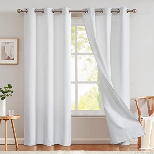 jinchan 100% Blackout White Curtains 90 Inches Long for Bedroom Living Room Linen Textured Room Darkening Thermal Insulated Grommet Top Window Treatment Drapes 2 Panels