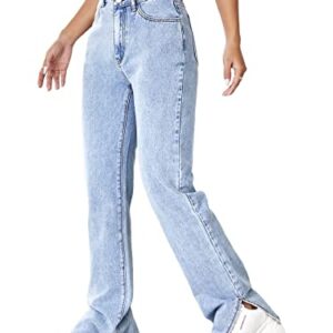 WDIRARA Women's Asymmetrical High Waist Split Side Jeans Long Denim Pants Light Wash M