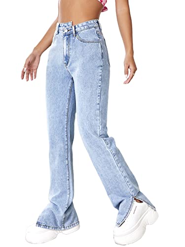 WDIRARA Women's Asymmetrical High Waist Split Side Jeans Long Denim Pants Light Wash M