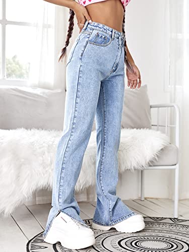 WDIRARA Women's Asymmetrical High Waist Split Side Jeans Long Denim Pants Light Wash M