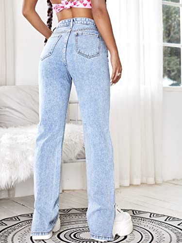 WDIRARA Women's Asymmetrical High Waist Split Side Jeans Long Denim Pants Light Wash M