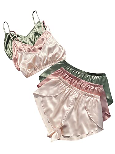 Verdusa Women's 6 Piece Satin Pajama Set Sleepwear Crop Cami Top & Shorts Loungwear Green Pink Beige M